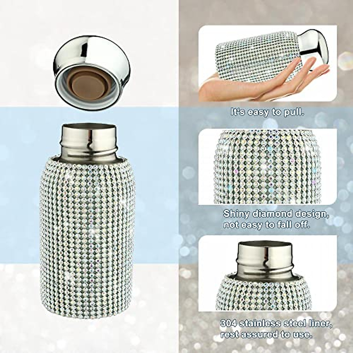Diamond Water Bottle for Women Diamond Bling Water Bottle Rhinestone Stainless Steel Thermal Water Bottle 200 ML Vacuum Flask Sparking Refillable Insulated Water Bottle (Silver)