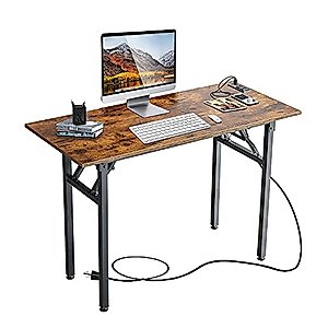 TEMI 31.5'' Computer Desk with Power Outlet, Home Office Writing Desk, Study Table Workstation, Stable Metal Frame, Rustic Brown