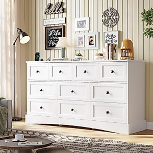 Hasuit White Dresser for Bedroom with 10 Drawers, 55.2" Long Drawer Dresser with Charging Station, Farmhouse Dresser Chest of Drawers, Large Wooden Storage Tower Organizer, Dresser for Bedroom Closet