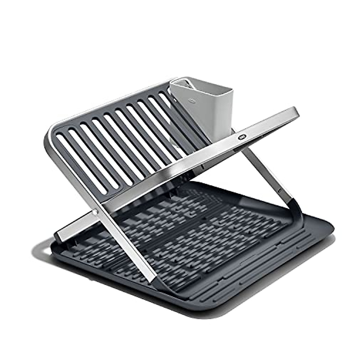 OXO Good Grips Aluminum Fold Flat Dish Drying Rack, 2-Tier, with Drainboard, for Kitchen Counter, Collapsible & Good Grips Stronghold Suction Sinkware Organizer - Gray, One Size
