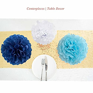ANSOMO Blue and Silver Tissue Paper Pom Poms Party Decorations Navy Light Blue White Flowers Wall Hanging Décor Supplies Birthday Bridal Baby Shower Wedding Graduations12 Pcs