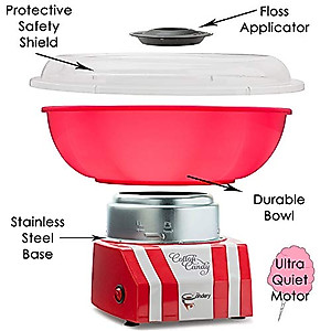The Candery Cotton Candy Machine and Floss Bundle- Bright, Colorful Style- Sugar Free Candy, Sugar Floss, for Birthday Parties - Includes 3 Floss Sugar Flavors 12oz Jars and 50 Paper Cones & Scooper