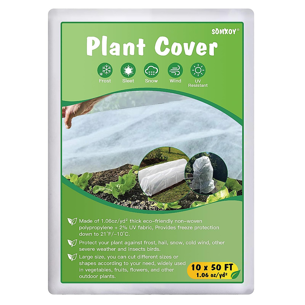 SOMXOY 10x50FT Plant Cover Freeze Protection 1.06 oz/yd² Thick Frost Cloth Blanket Plant Protector Reusable Floating Row Tree Covers for Garden Outdoor