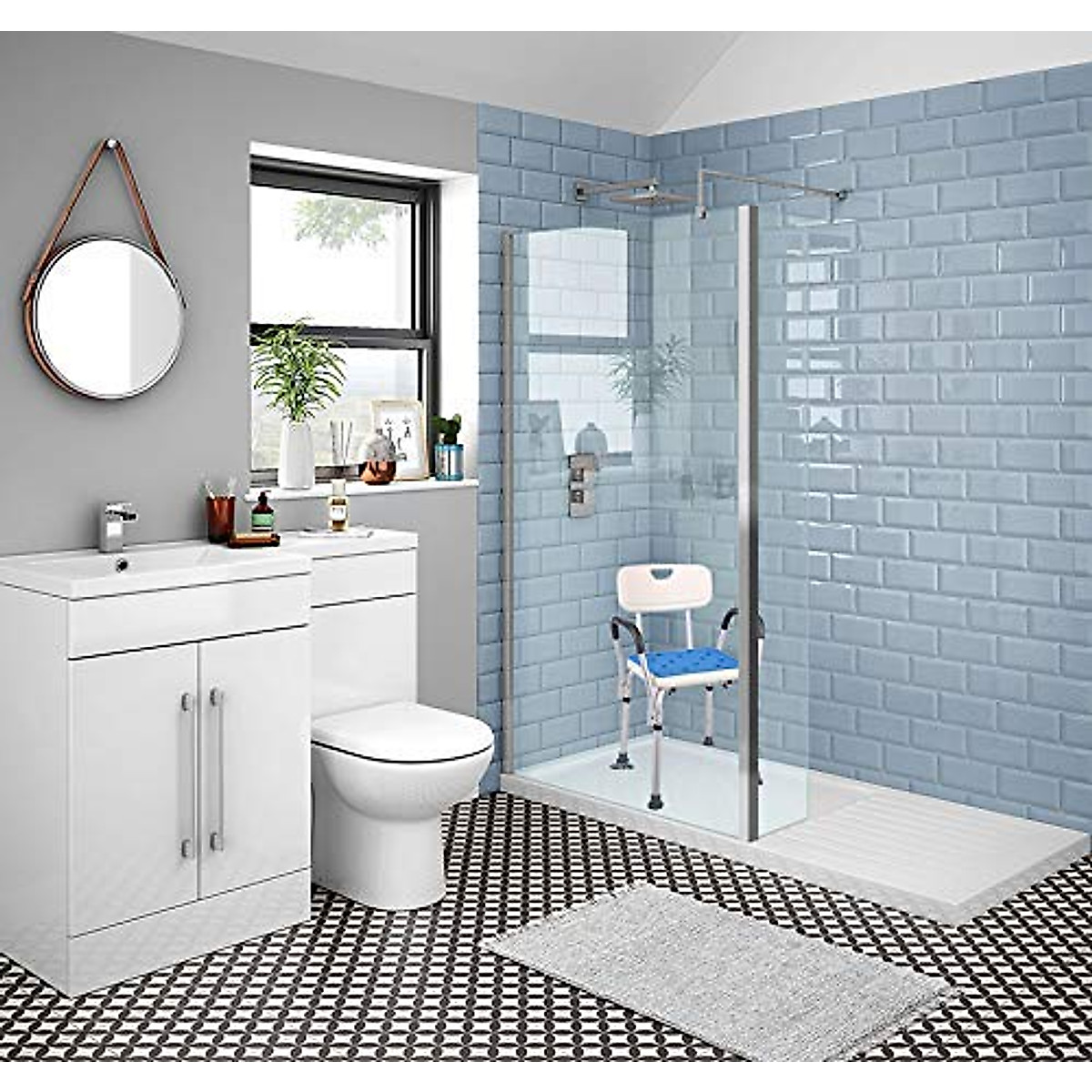 HappyNites Shower Chair with Rails - Shower Seat with Arms for Seniors with Tote Bag and Handles, Tall Shower Chair for Elderly, Handicap Tub Shower Seats for Adults (White Chair with Rail)