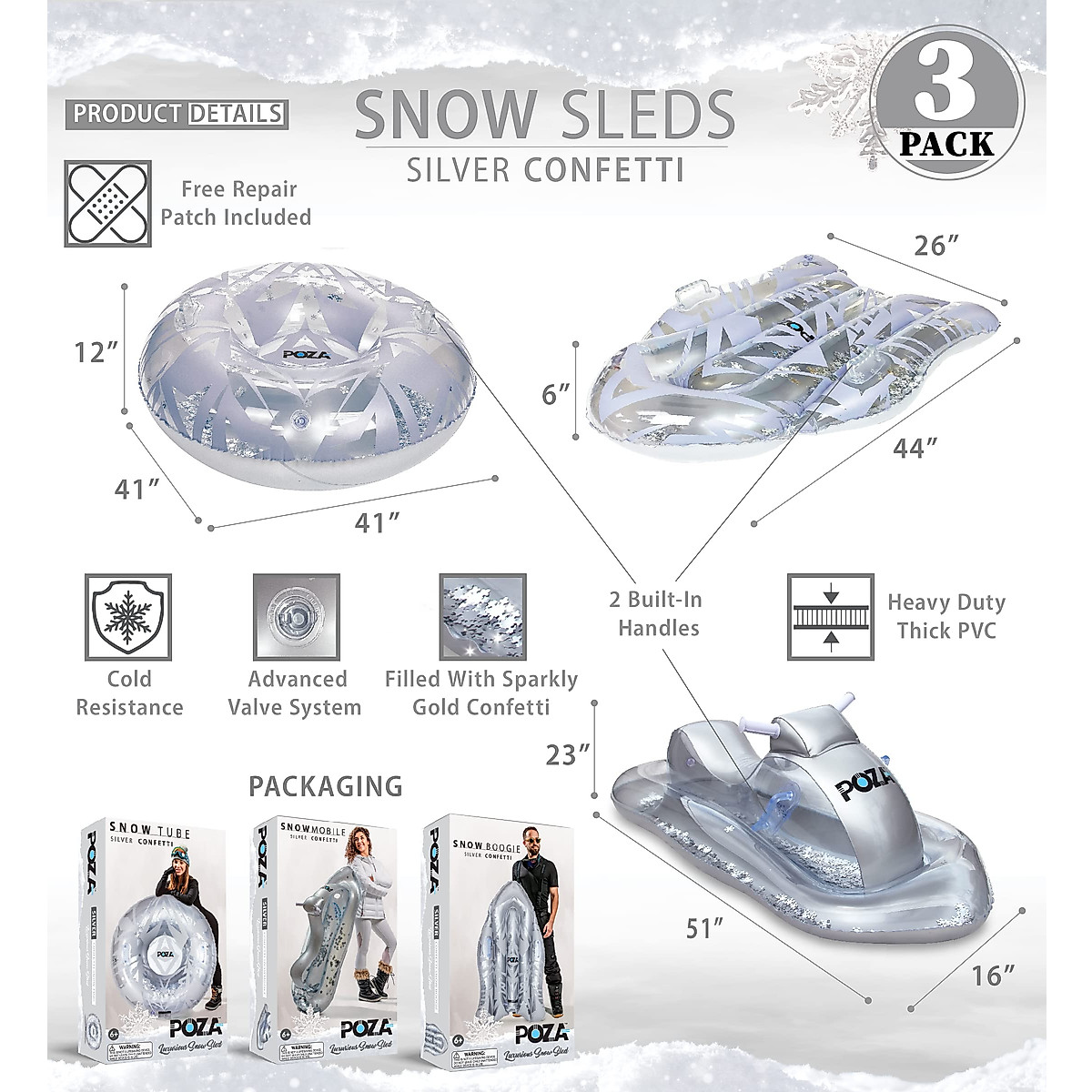 POZA Inflatable Silver Snow Tubes Collection - Silver Snow Sled Tube, Snowmobile, Boogie Sled with Handles and Snowflake Confetti, Cold Resistant Heavy Duty PVC Tube Sled for Adults and Kids - 3 Piece