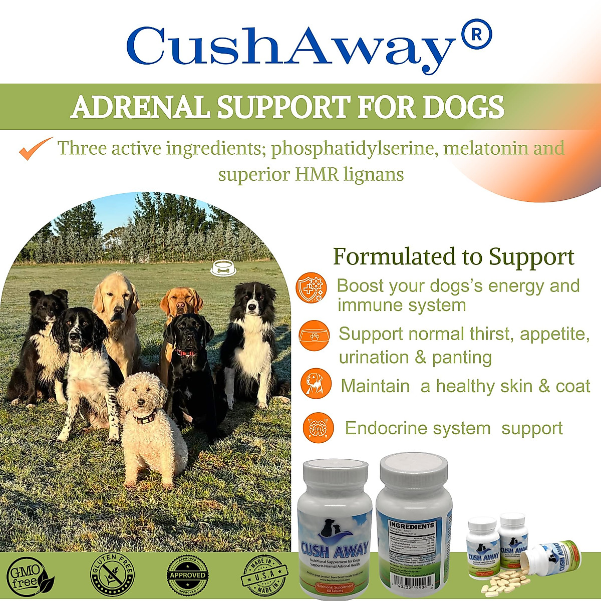 CushAway 60Tabs HMR Lignans and Melatonin for Small to Large Dogs Cushing Treatment Dogs Adrenal Support Supplements Improves Overall Well-Being Phosphatidylserine 90mg Melatonin 3.5mg HMR lignans24mg