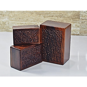 DnU Avenue Hand carved Wooden Cremation Urns for Human Ashes Adult & Pets, Memorial Urn Box, Keepsake for Burial/Funeral Ashes, Tree Of Life Urn, Capacity 85" Cu/in (Large 7.5 x 5.75 x 3.5 Inch)