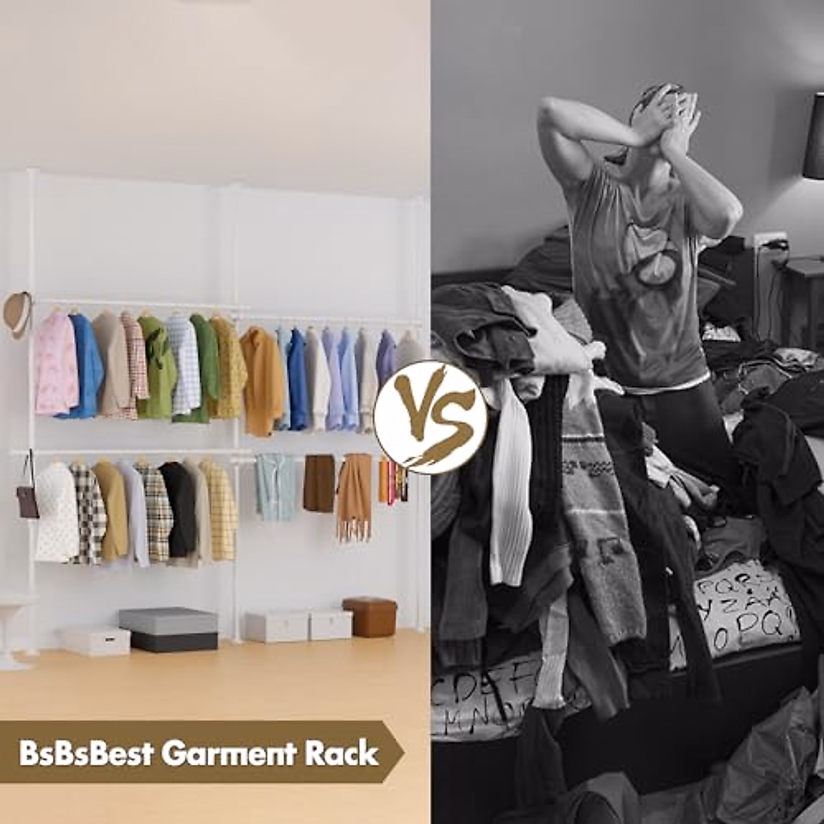 BsBsBest Ceiling Clothes Rack, 4 Tier Adjustable Closet Shelves Free Standing Closet Organizer And Storage Free Ceiling to Floor for Hanging Clothes White