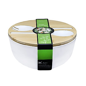 Bamboo Salad Bowl with Serving Spoons, Wooden Bamboo Lid and Cutting Board. Large 9.8 Inch Mixing, Fruit, Food, Dessert, Storage Bowl Set. Lightweight, Dishwasher Safe. White