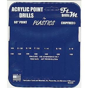 Drill Bits for Plastic (Acrylic, plexiglass, ABS, lexan, Polycarbonate, PVC) Norseman 7pc Acrylic Point Drill Set in Vinyl Pouch. Includes 1/8", 5/32", 3/16", 7/32" 1/4", 5/16", and 3/8" Part BG4650A