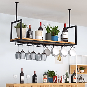 SPTZQURY Ceiling Wine Glass Rack - 47.2 inch Metal Wine Rack with 2 Kinds Glass Holder, Hanging Stemware Goblet Wine Glass Holder Perfect for Bar Cafe Kitchen Restaurant, Display Stand Black