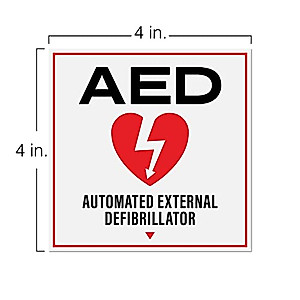 AED Stickers 4-Pack | Automated External Defibrillator Red and White Signs, Durable Self Adhesive Weatherproof Vinyl Decals, 4" x 4"