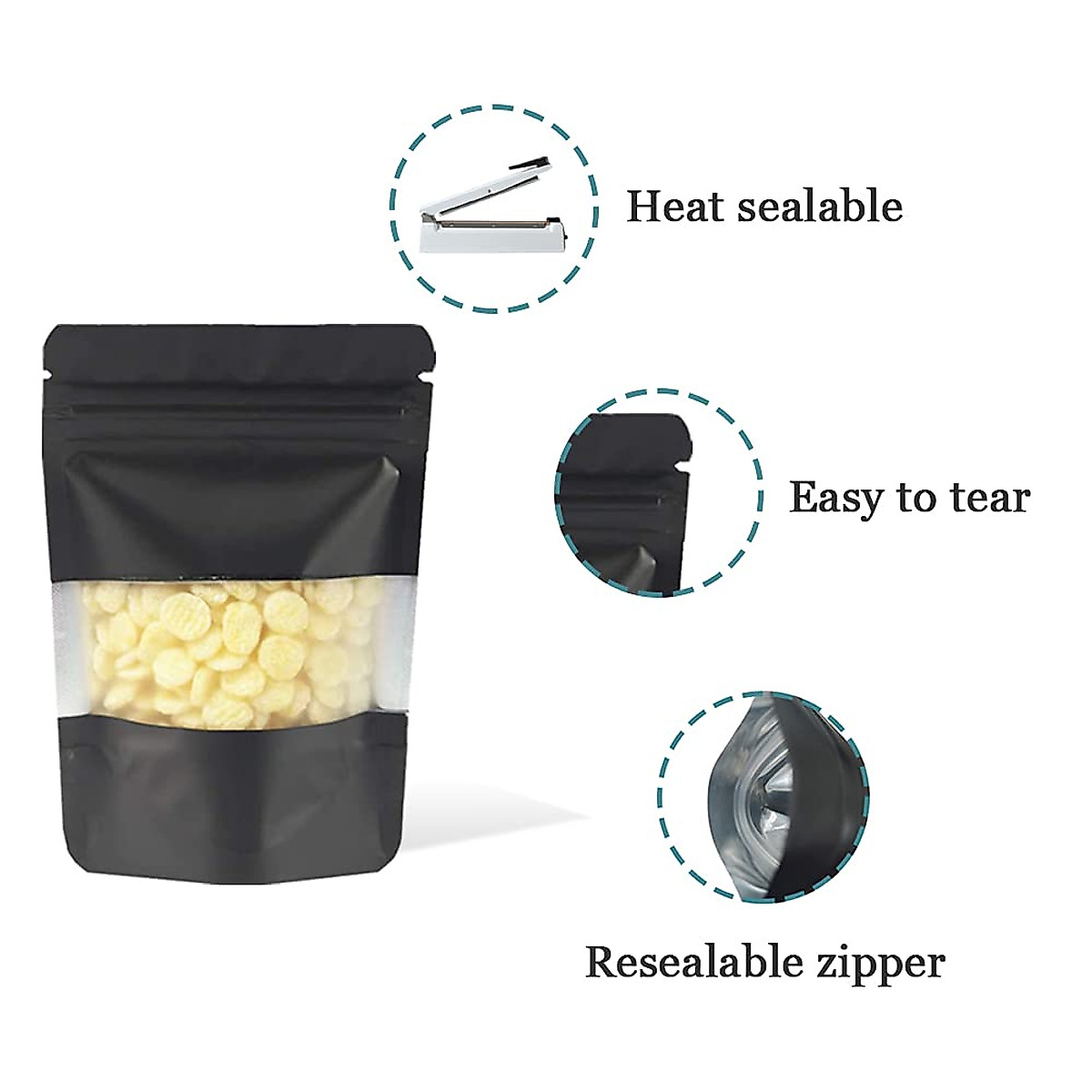 PABCK 100 Pcs 3.5x5.1 inch Matte Black Resealable Stand Up Bags with Window Heat Seal Bulk Food Storage Packaging Foil Pouches