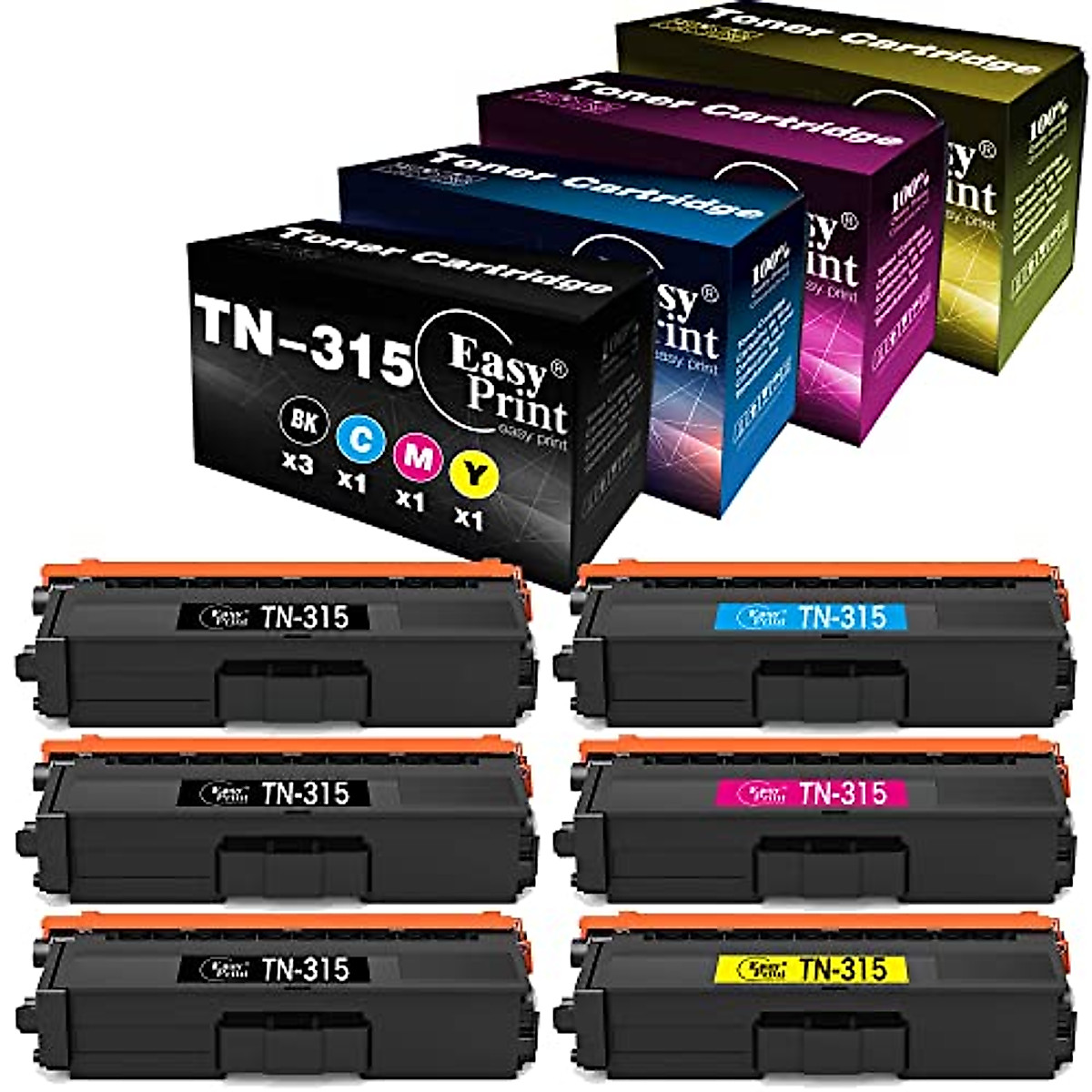 EASYPRINT (3B+CMY, 6-Pack) Compatible TN315 Toner Cartridge TN-315 Used for Brother HL-4140CN/ 4150CDN/ 4570CDWT/ 4570CDW, MFC-9460CDN/ 9465CDN/ 9560CDN/ 9970CDN, DCP-9055CDN/ 9270CDN Printers