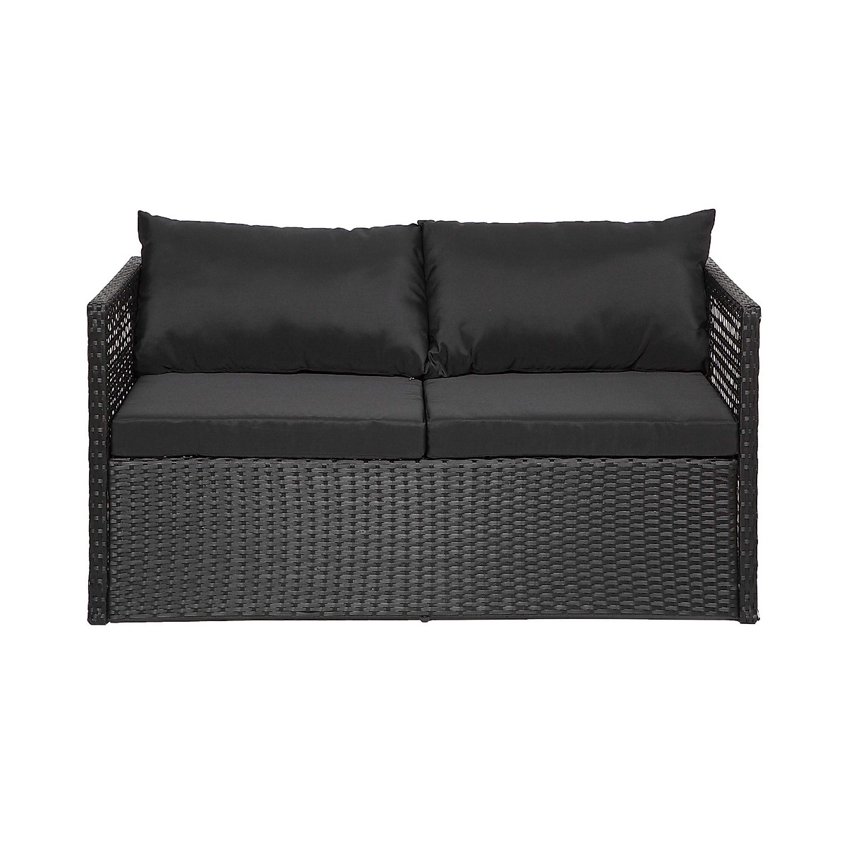 WO Outdoor Wicker Rattan Furniture 4 PCS Set Black Woven Table Chairs Set w Cushions & Back Support Pillows Coffee Table Seats 4 Black