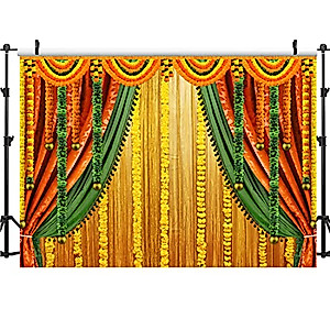 Lofaris India Pooja Photography Backdrop Puja Ganpati Pooja Traditional Mehndi Festival Background Diwali Decorations Wedding Party Marigold Garlands Photo Props 5x3ft