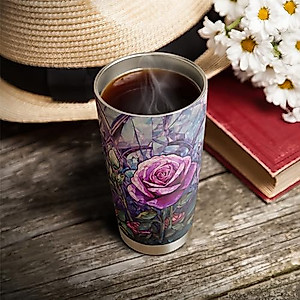 ORCAE 20oz Colorful Rose Flower, Crystal Stained Glass Style Flowers, Pink Purple Rose Tumbler Cup, Insulated Travel Mug with Lid, Coffee Thermos for Women, Gifts for Women - M
