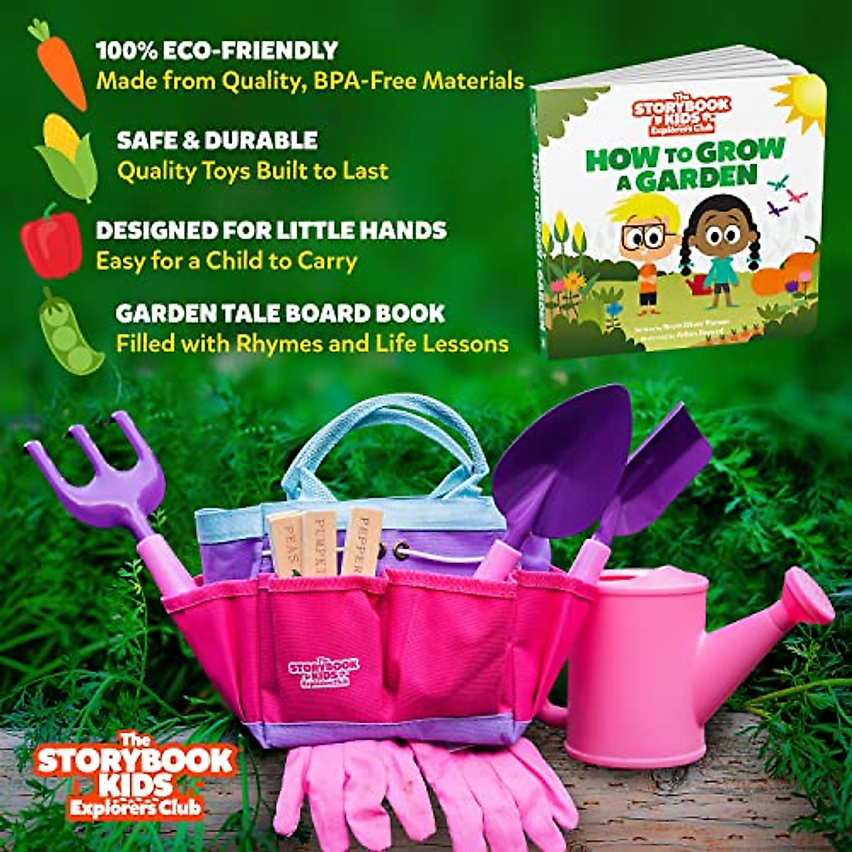 Kids Gardening Tools - Includes Sturdy Tote Bag, Watering Can, Gloves, Shovels, Garden Stakes, and a Delightful Children's Book How to Garden Tale - Kids Garden Tool Set for Toddler Age on up.