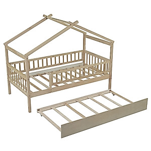 Twin Size House Bed with Trundle, Wooden Playhouse Kids Bed Frame with Roof and Fence, Montessori Style Bed with Guardrails for Kids, Teens, Boys, Girls, Natural.