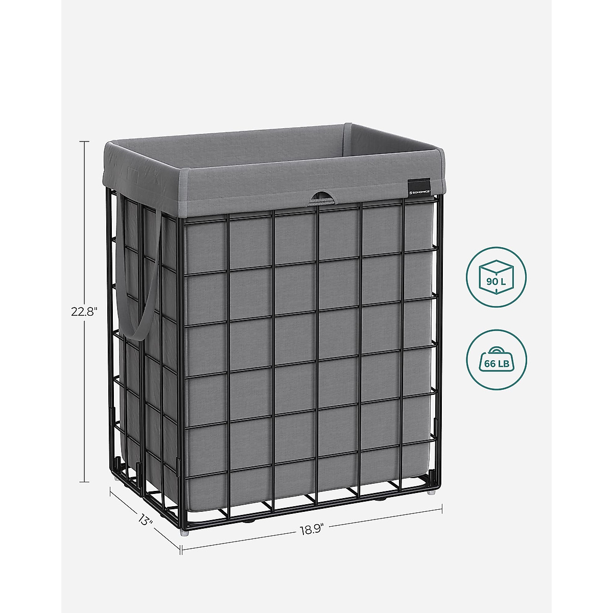 SONGMICS Laundry Hamper, 23.8 Gal. (90L) Laundry Basket, Collapsible Clothes Hamper, Removable and Washable Liner, Metal Wire Frame, for Bedroom Bathroom, Black and Gray ULCB190G01