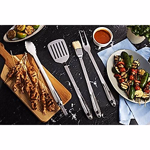 All Clad BBQ Tool Set, Grill Accessories, 4 Pieces: Fork, Brush, Locking Tongs and Turner. Stainless Steel, Silver