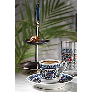 Amazing Turkish Arabic Coffee Espresso Cups 5 Pcs Fancy Set Famous Turkish Porcelain Cups with Saucers, Pot,Blue Velvet Authentic Box (Turkish Coffee Cup and Saucer (2 Sets) 4 Pieces)