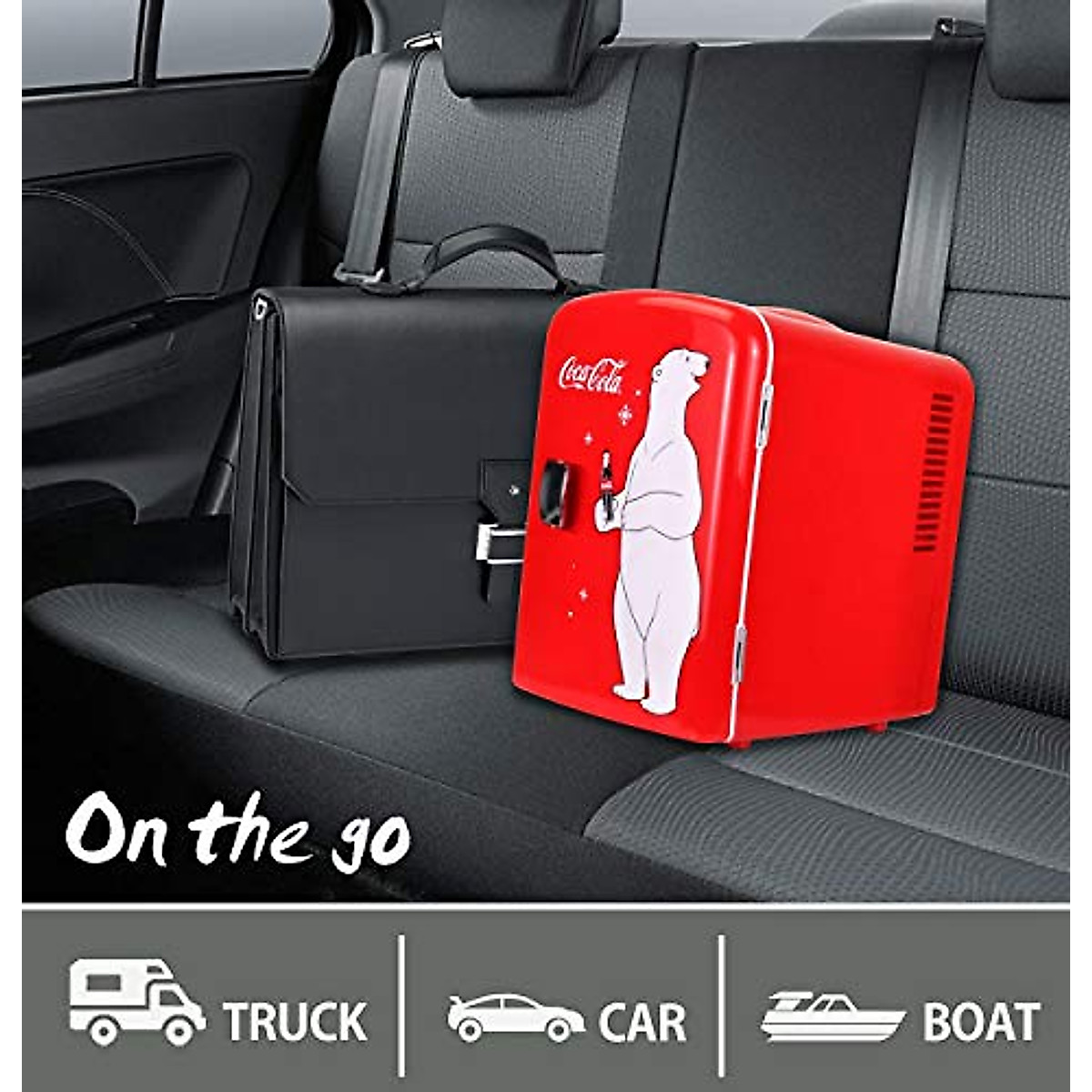 Coca-Cola 4L Portable Cooler/Warmer, Compact Personal-Travel-Fridge for Snacks Lunch Drinks Cosmetics, Includes 12V and AC Cords, Cute Desk Accessory for Home Office Dorm , Red, Polar Bear