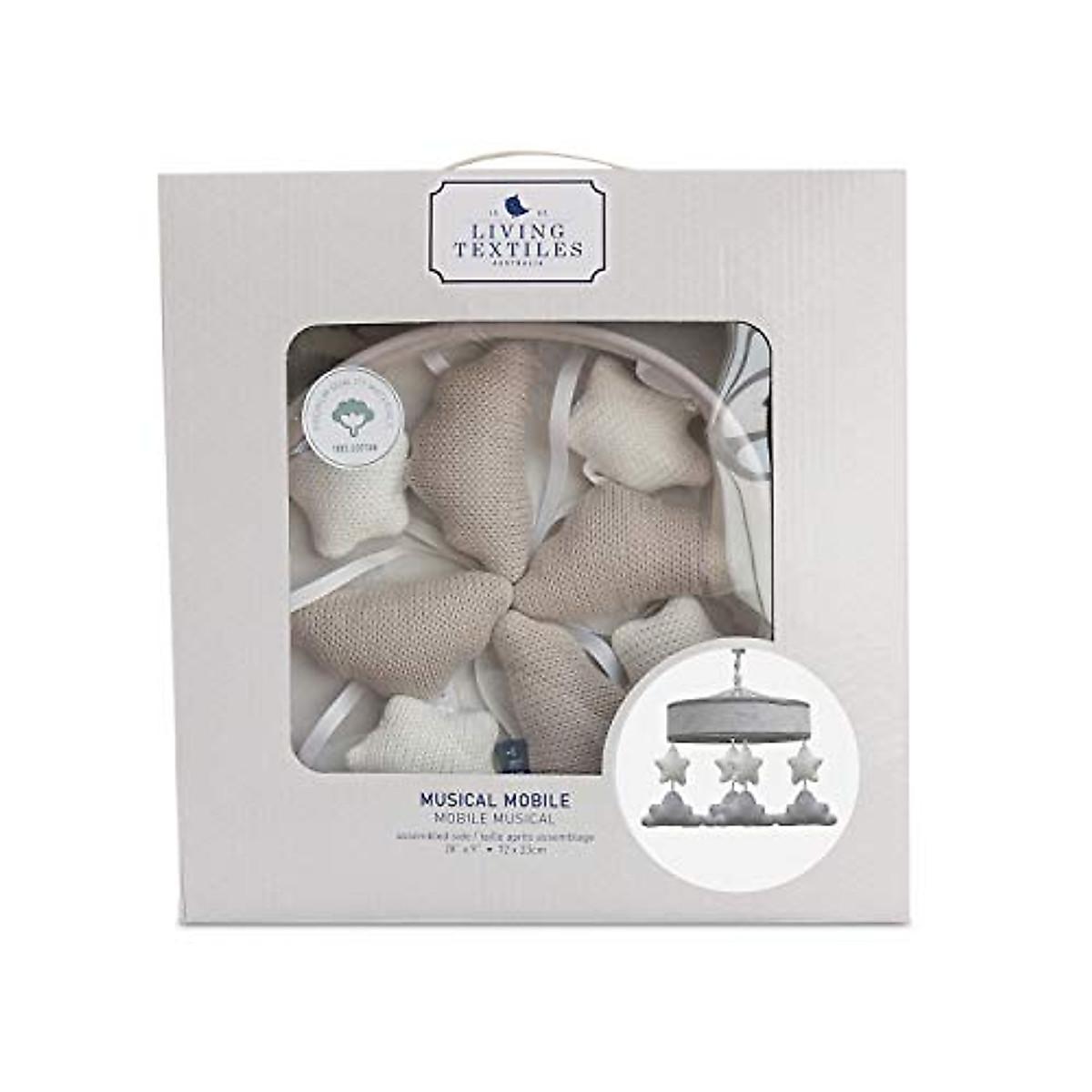 Living Textiles Baby Musical Mobile - White Stars | Crib Toy, Knitted Hanging Toys, Nursery Decor, Calming Soother with 12 Lullabies | Baby Essential and Perfect Baby Toy for Boys and Girls