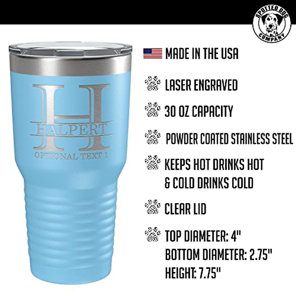 Personalized 30oz (17 Colors) Powder Coated Insulated Stainless Steel Tumbler with Lid, Custom Etched, Customized Engraved Gift Idea for Women Men Her Him, Halpert Monogram Initial Name (Light Blue)