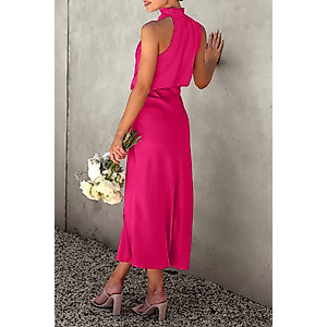 PRETTYGARDEN Women's 2024 Summer Satin Dress Elegant Sleeveless Mock Neck Cocktail Party Maxi Dresses (Rose Red,Small)