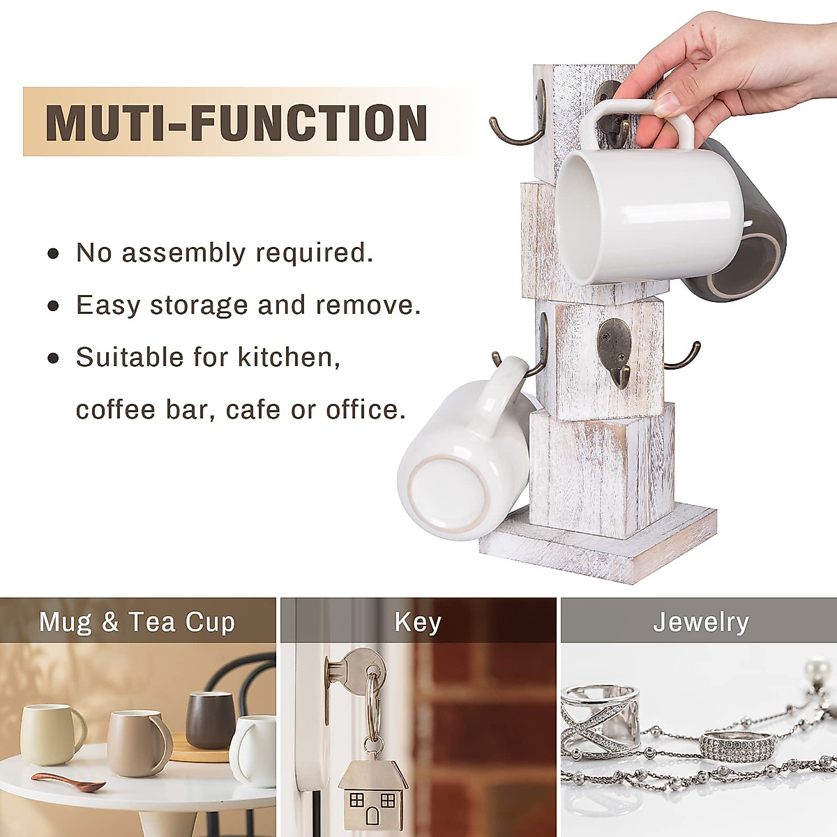 bluegift Coffee Mug Holder Tree, Rustic Solid Wood Mug Tree Stand with 8 Hooks, Farmhouse Coffee Cup Holder for Counter, Mug Hanger for Kitchen Organizer, Farmhouse White