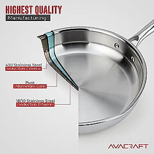 AVACRAFT 10 Inch Tri-Ply Stainless Steel Frying Pan with Lid, Side Spouts, Induction Pan, Versatile Stainless Steel Skillet, Fry Pan in our Pots and Pans (Tri-Ply Stainless steel,10 Inch)