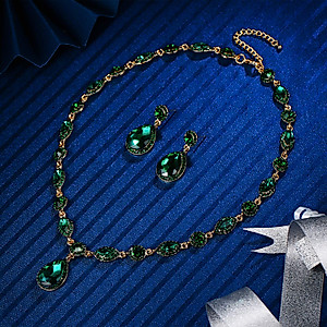 EleQueen Women's Wedding Bridal Jewelry Set for Brides Bridesmaids, Crystal Teardrop Necklace Dangle Earrings Jewellery for Party Prom Emerald Color