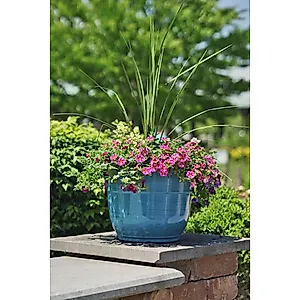 Garden Elements Indoor/Outdoor Glazed Brushed Happy Plastic Planter, Large, Dark Blue, 15"