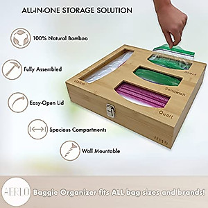 AERLO Bamboo Bag Storage Organizer and Dispenser - Large Size for USA Quart, Gallon, Sandwich and Snack Bags - Kitchen Drawer or Pantry Wooden Baggie Container - No Assembly Required (Natural Bamboo)