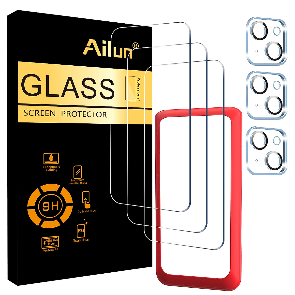 Ailun 3 Pack Screen Protector for iPhone 15 [6.1 inch] + 3 Pack Camera Lens Protector with Installation Frame,Case Friendly Tempered Glass Film,[9H Hardness] - HD [6 Pack]