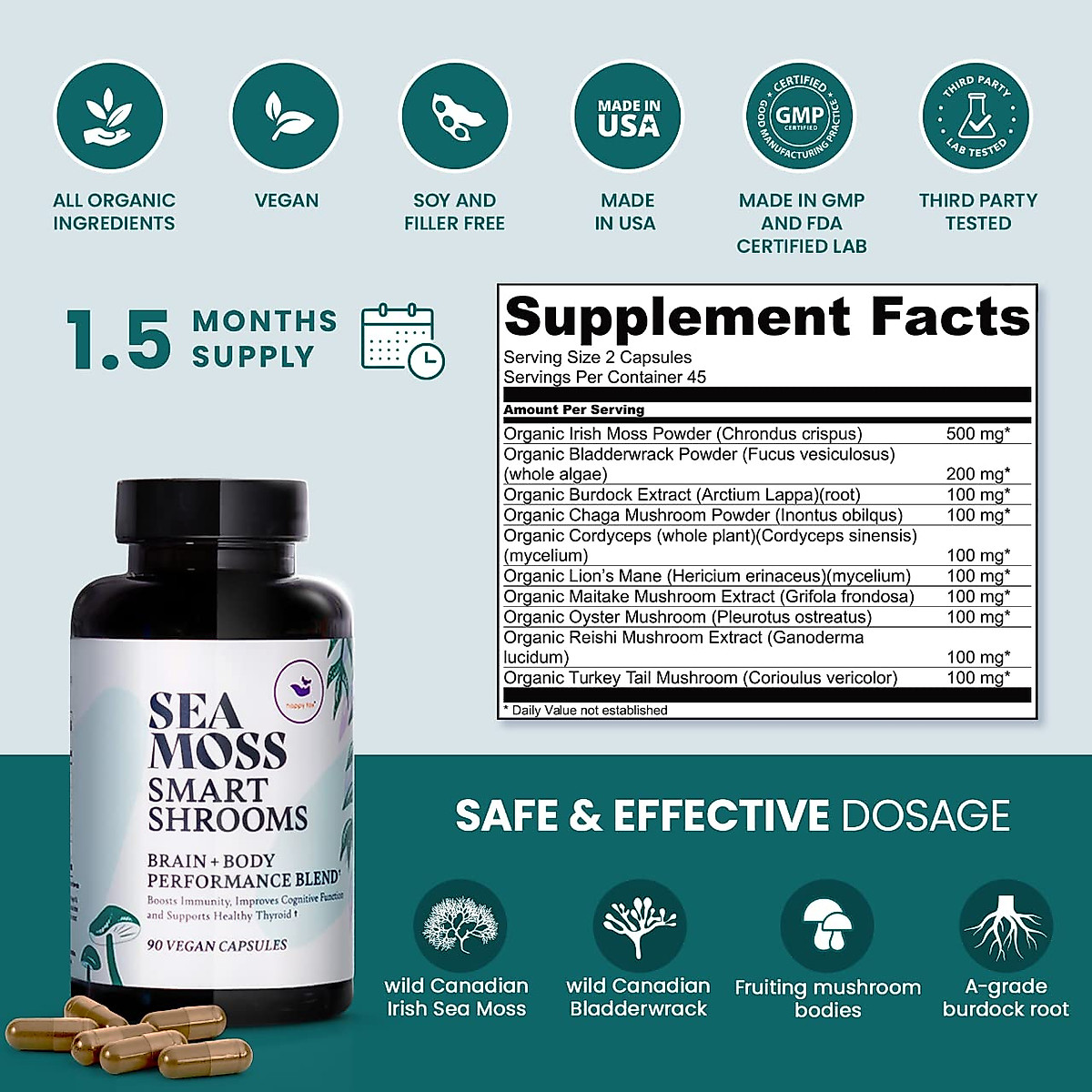 HAPPY FOX Irish Sea Moss Capsules & Mushroom Complex Wildcrafted Sea Moss, Adaptogens, Brain Health Supplements for Adults - Seamoss Pills, Organic Mushrooms Supplement - 1500mg, 90 Vegan Caps
