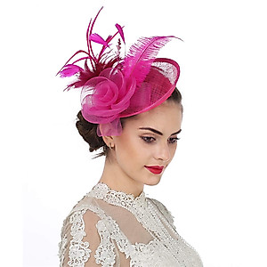 SAFERIN Fascinator for Women Hair Clip Hat Bowler Feather Flower Veil Wedding Party Hat Tea Hat（TA4-Fuchsia）