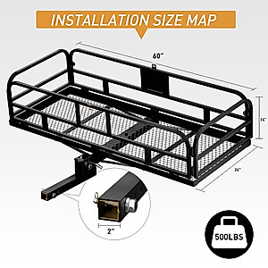 Wildroad Hitch Mount Cargo Carrier Basket 500 LBS Folding Vehicle Cargo Baskets 60" x 24" x 14" Fits 2" Receiver with Waterproof Cargo Carrier Bag and Hitch Tightener Fastener