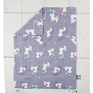 UOZZI BEDDING Unicorn 4 Piece Toddler Bedding Set with Rainbow Stars Blue-Gray - Includes Adorable Quilted Comforter, Fitted Sheet, Top Sheet, and Pillow Case for Girls Boys Bed
