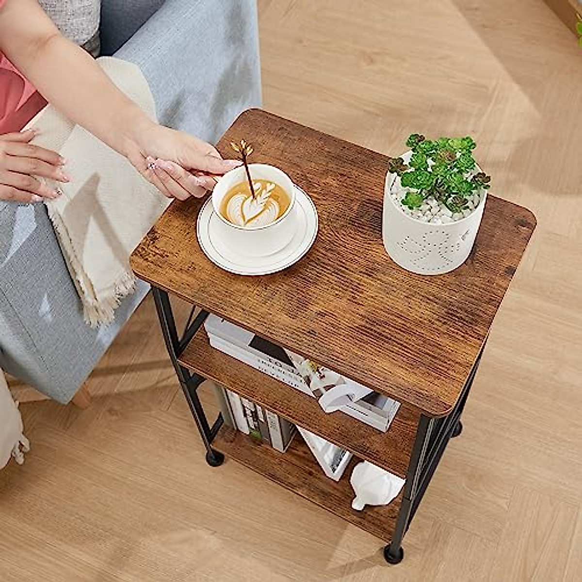 ruboka 3-Tier Small End Table, Small Side Table with Storage Shelf, Small Bookshelf with Metal Frame for Small Spaces, Nightstand, Bookcase, Display Rack for Bedroom, Living Room.