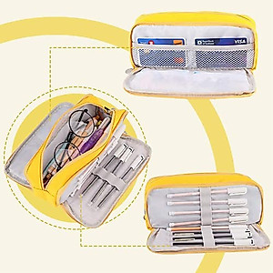 ORPHEUS Large Pencil Case Big Capacity 3 Compartments Canvas Pencil Pouch for Teen Boys Girls School Students (Yellow)
