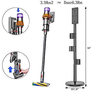 Lasvea Vacuum Stand for Dyson V15 Detect,V12,V11,V10,V8, V7-Sturdy Aluminum Tube Storage Holder, 6.2 Lbs Steel Base,3 accessory clips for Up to 9 Attachments & Charger, With Trigger Lock