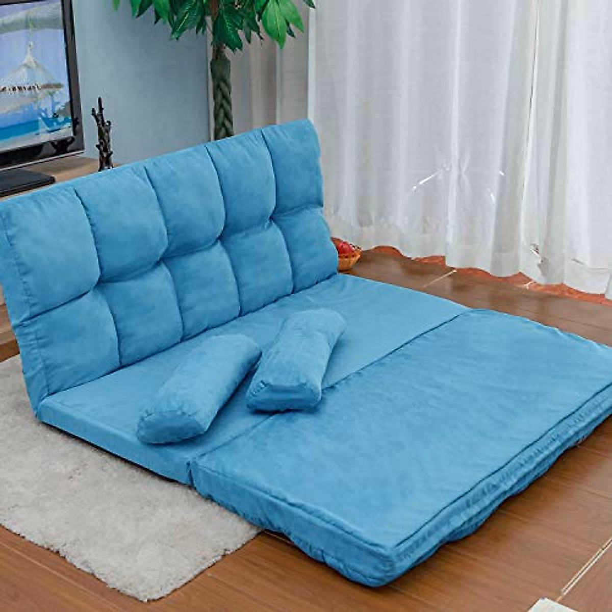 TMEOSK Double Chaise Lounge Sofa with 2 Pillows, 5-Position Reclining Folding Lazy Sofa Sleeper Bed Futon Bed Sofa Couches for Boys|Girls|Teens|Adults |Bedroom|Living Room|Balcony (Blue)