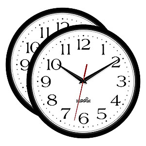 HIPPIH 2 Pack Silent Wall Clock, 10 Inch Non Ticking Quiet Digital Sweep Decorative Battery Operated Wall Clocks for Living Room Bedroom Kitchen School Office Decor, Black