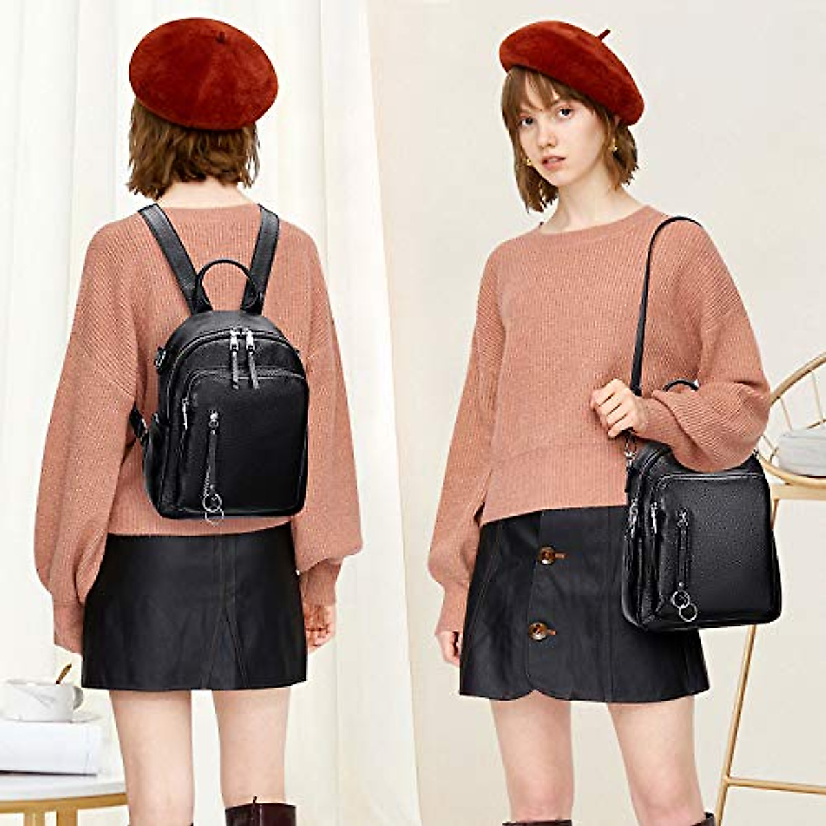 ALTOSY Fashion Genuine Leather Backpack Purse for Women Shoulder Bag Casual Daypack Small (S10 Black)