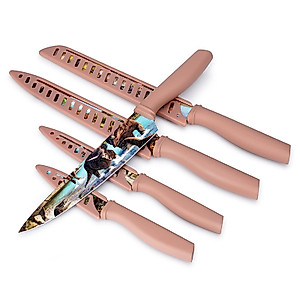 G.a HOMEFAVOR Knife Set, Chef Knives with Dinosaur Pattern, 5-piece Kitchen Knife Set Nonstick Coated with 5 Blade Guard, Gift Box Perfect as a Christmas gift