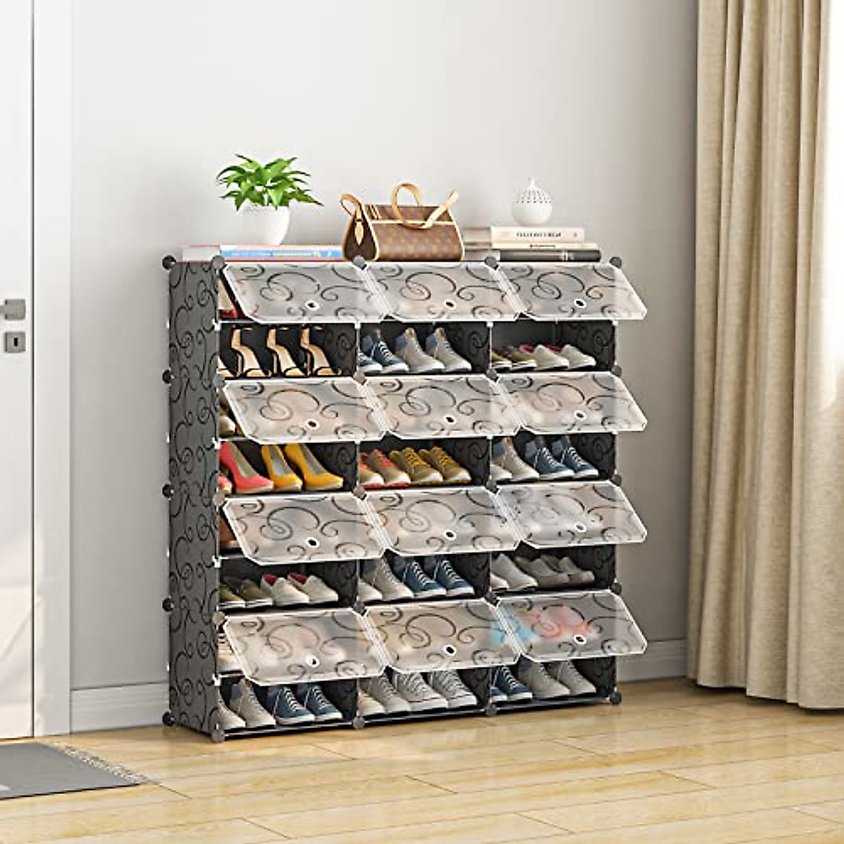 KOUSI Portable Shoe Rack Organizer 48 Pair Tower Shelf Shoe Storage Cabinet Stand Expandable for Heels, Boots, Slippers， 8 Tier Black