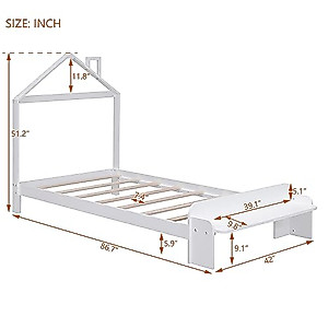 Twin Bed Frames with Headboard and Footboard Bench, Twin Bed Frame with House Shaped Headboard and Chimney, Twin Bed Frames for Kids, Girls Boys, No Box Spring Needed(White)