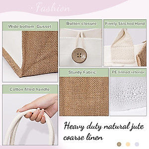 VeyFolzin.st Jute Burlap Totes Bags, Reusable Waterproof Tote Shopping Bag Blank DIY Canvas Gift Bag with Button & Ribbons (B)